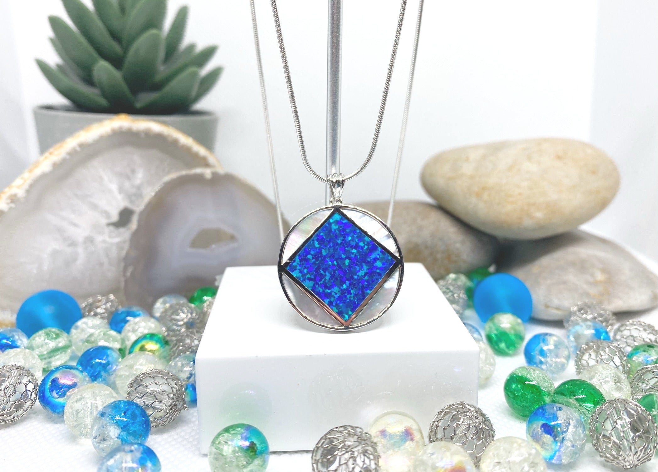 NA Service Symbol Australian Opal and Mother of Pearl Pendant .925 ste ...